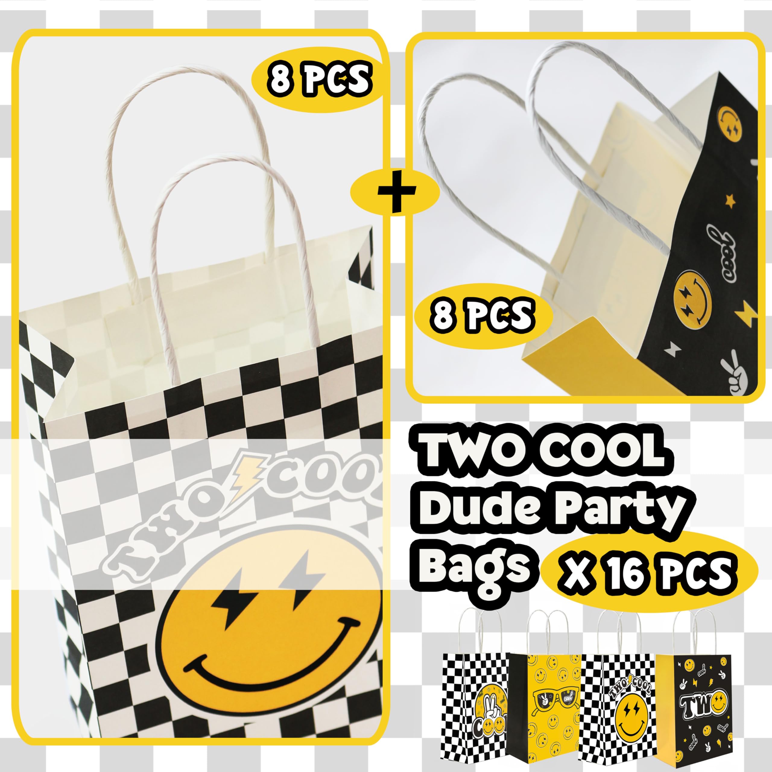 WCOSAM Two Cool Dude Smile-Themed Party Favor Gift Bags, Two Cool Second Birthday Party Goodie Paper Bags for Yellow Black Lightening Checkered Theme Party Decor (16 PCS)