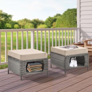 kuurfuurdo 2 piece storage ottomans, wicker ottomans outdoor furniture for patio, backyard, additional seating, footrest, side table with storage, removable cushions