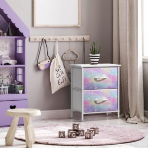 Sorbus Kids Dresser with 2 Drawers - Storage Chest Organizer Nightstand - Steel Frame, Wood Top, Tie-Dye Fabric Bins for Clothes - Wide Furniture for Bedroom, Hallway, Nursery, Closet, & Apartment