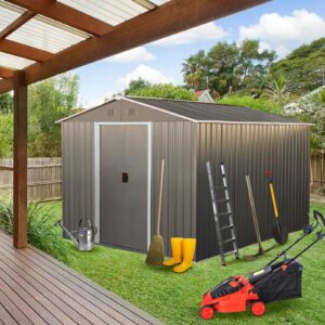 Morflys 8x10ft Outdoor Metal Storage Shed Large Garden Tool Metal Shed with Sloping Roof and Double Lockable Door, Outdoor Shed for Backyard Garden Patio Lawn, Brown