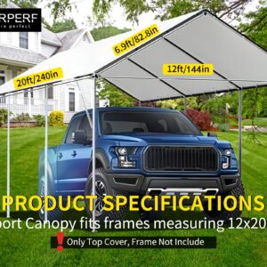 12x20 Ft Carport Canopy Replacement Cover for Canopy Tent Car Tent Garage Shelter Top Tarp White Portable Carport with 120lbs Tensile Strength Ties (Only Top Cover, Frame is not Included)