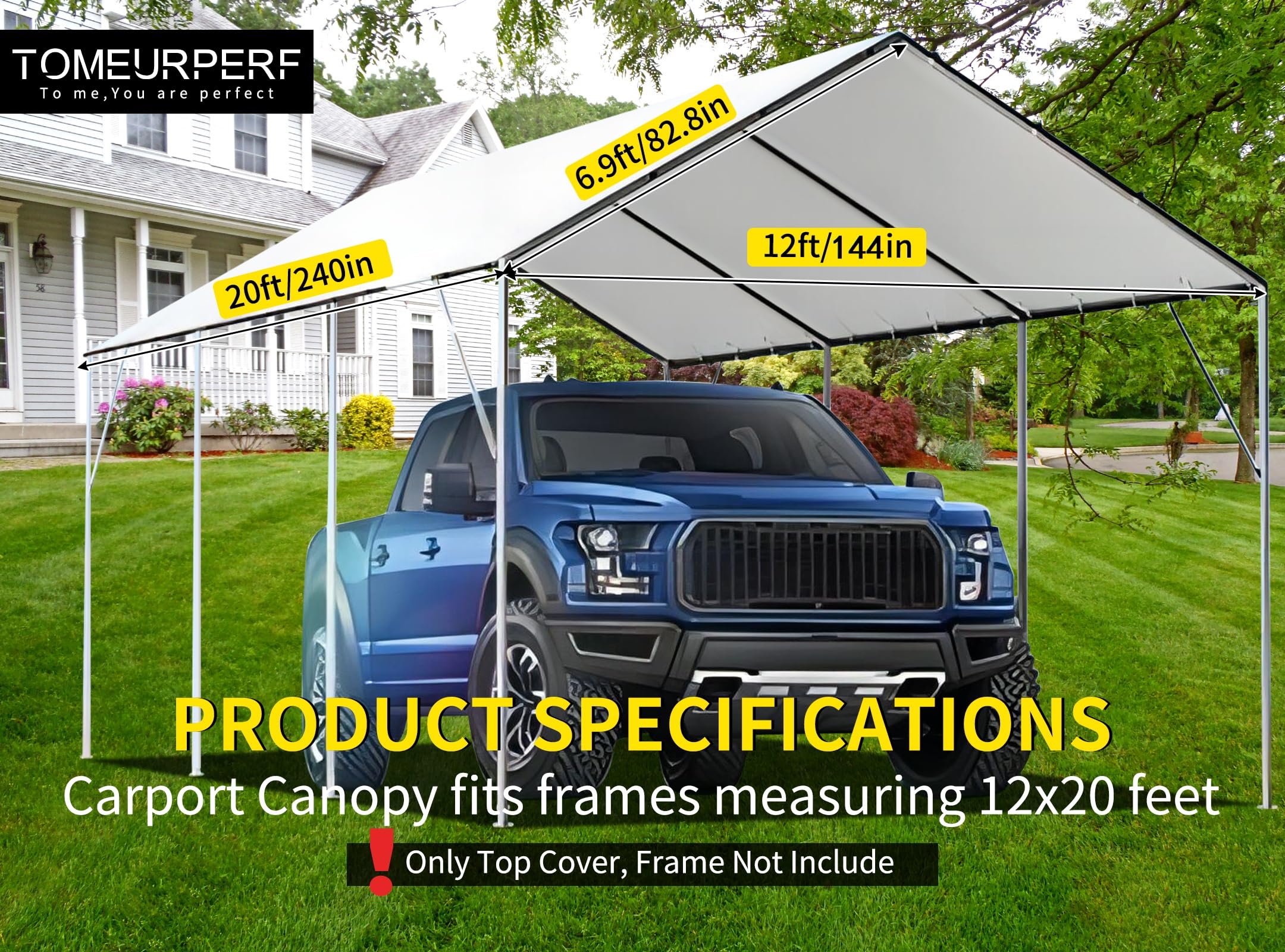 12x20 Ft Carport Canopy Replacement Cover for Canopy Tent Car Tent Garage Shelter Top Tarp White Portable Carport with 120lbs Tensile Strength Ties (Only Top Cover, Frame is not Included)