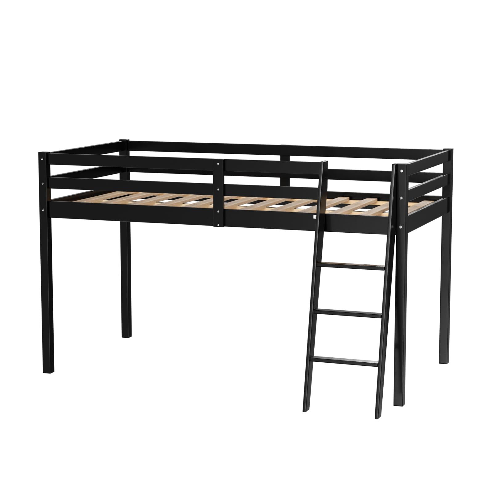 Bonnlo Low Loft Bed Twin Size with Inclined Stairs, Junior Loft Bed with High Guard Rail for Kids/Young Teens/Adults, Solid Wood Low Bunk Bed Twin Size Black, No Box Spring Required