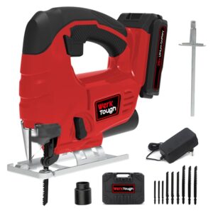 powertough cordless jig saw,20v electric jigsaw tool kit with variable speed,pendulum function, 0-45°adjustable cutting bevel,2.0a li-ion battery with 1 hour fast charger,9pcs free blade