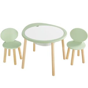 beright kids table and chairs set, kids wooden play table with 2 chairs, kids round table for toddlers, suitable for bedroom, playroom and kids' room, with removable top panel and storage bag, green