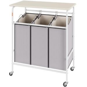 VEVOR 3-Section Laundry Sorter Cart with Ironing Board, Laundry Hamper with Heavy Duty Lockable Wheels and 3 Removable Bag, Rolling Laundry Basket Sorter for Clothes Storage