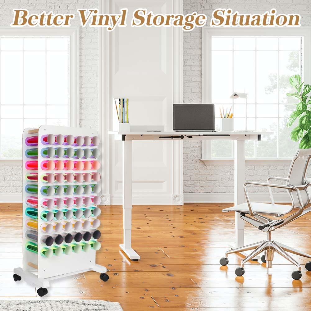 Vinyl Roll Holder Storage Rack: Mobile Vinyl Storage Rack Cart with Wheels 36 Compartments Wooden Vinyl Storage Organizer for Craft Room