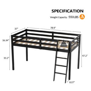 Bonnlo Low Loft Bed Twin Size with Inclined Stairs, Junior Loft Bed with High Guard Rail for Kids/Young Teens/Adults, Solid Wood Low Bunk Bed Twin Size Black, No Box Spring Required