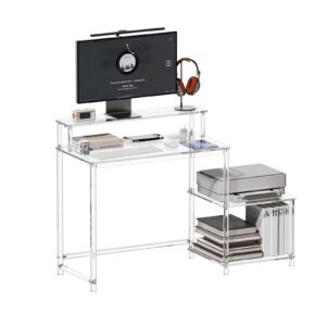 eglaf acrylic desk with printer space - home office desk computer desk with power outlet, monitor stand, for study working writing gaming, 44.5'' l x 18.9'' w x 35.8'' h, clear