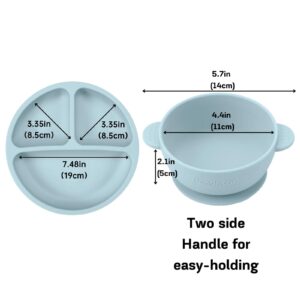 PandaEar Silicone Baby Feeding Set | 9PCS Baby Led Weaning Supplies Self Feeding Utensils | Divided Suction Plate Bowl Bibs Sippy Cup with Baby Snack Container Spoons Forks (Blue)