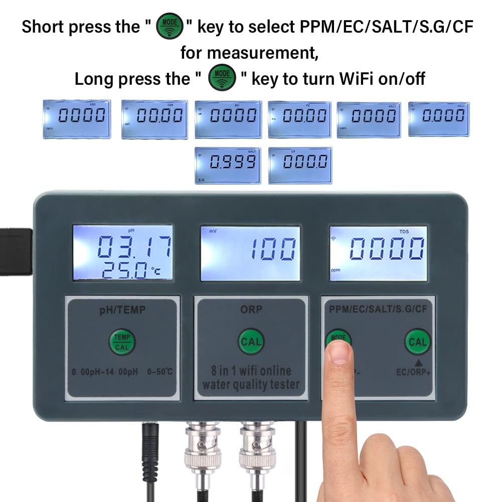 Yewhick WiFi Tuya Smart PH Meter Data Logger Temp TDS Salinity S.G. EC ORP Water Tester Monitor Analyzer for Aquariums Pool Hydroponics