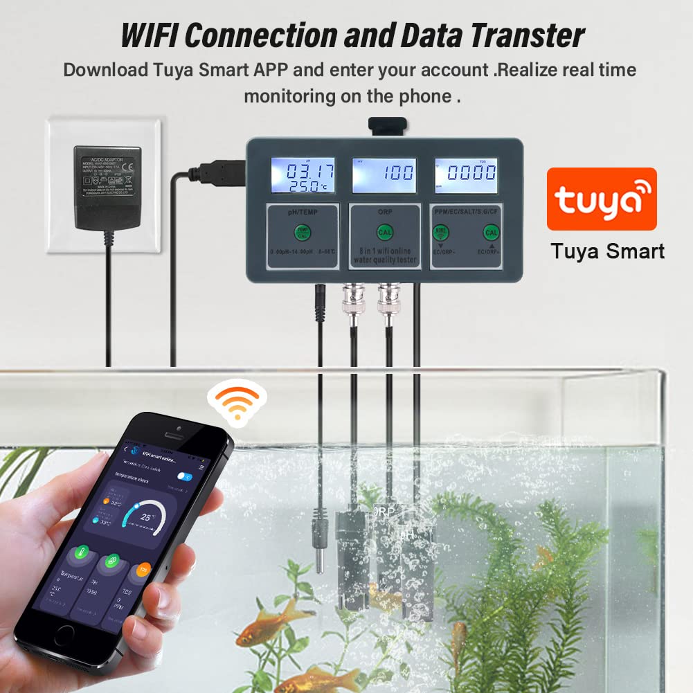 Yewhick WiFi Tuya Smart PH Meter Data Logger Temp TDS Salinity S.G. EC ORP Water Tester Monitor Analyzer for Aquariums Pool Hydroponics