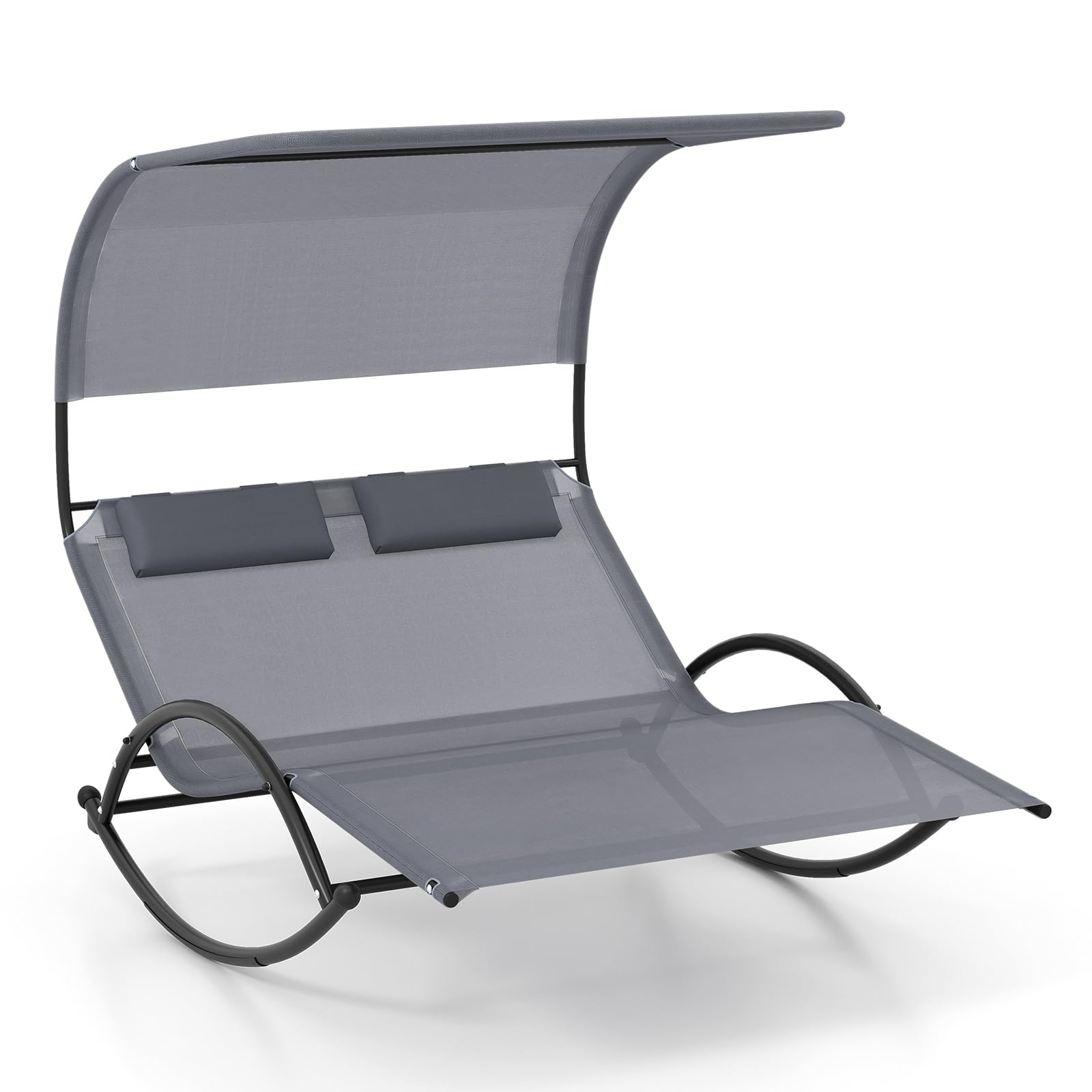 HAPPYGRILL Outdoor Chaise Lounge Rocker, 2-Person Rocking Daybed Sun Lounger with Sun Shade Canopy & Headrest Pillows, Hammock Bed Loveseat with Heavy-Duty Metal Frame for Patio, Backyard, Poolside