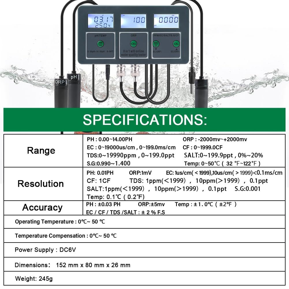 Yewhick WiFi Tuya Smart PH Meter Data Logger Temp TDS Salinity S.G. EC ORP Water Tester Monitor Analyzer for Aquariums Pool Hydroponics