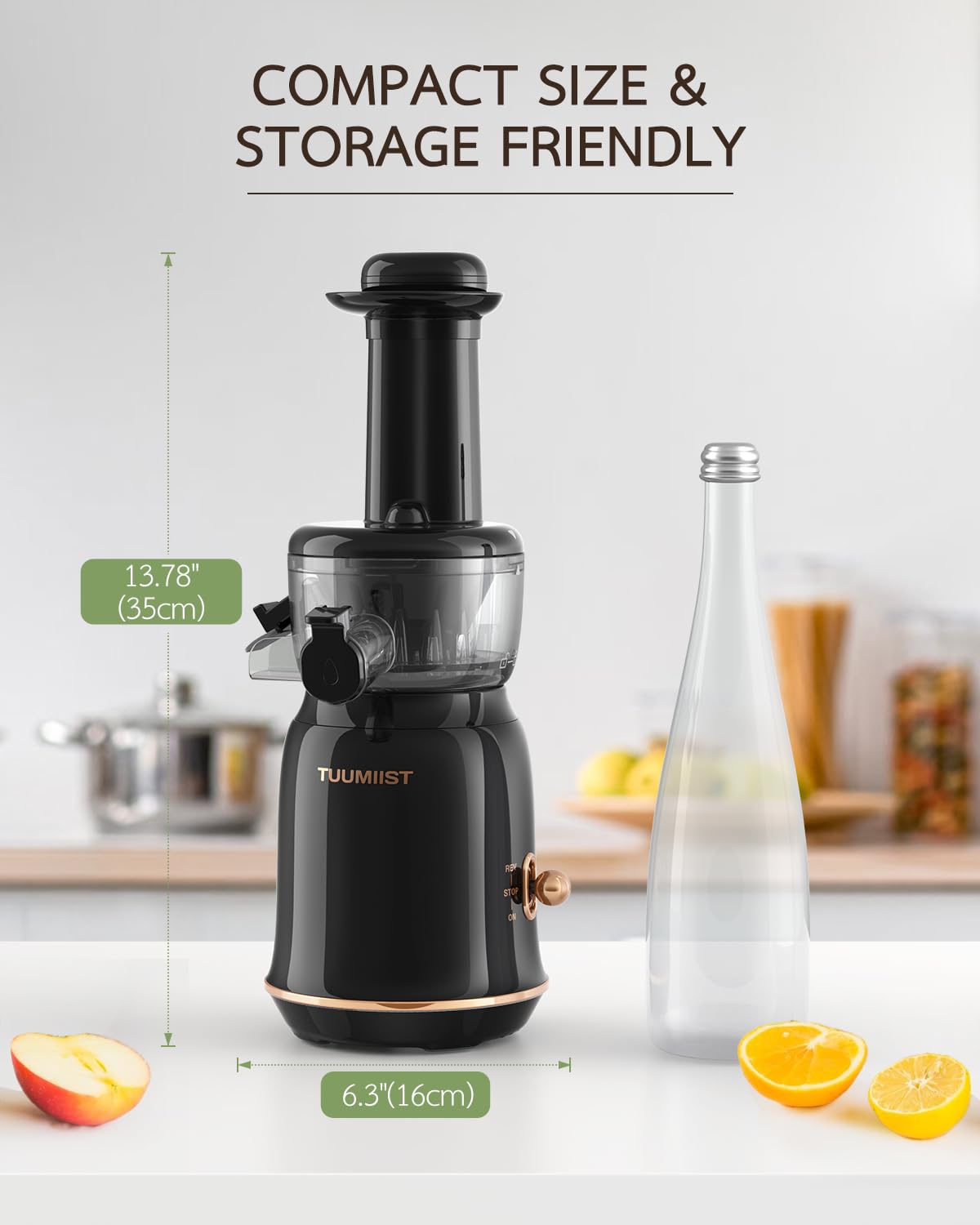 TUUMIIST Juicer Machines, Cold Press Juicer for Vegetable and Fruit with Upgraded Slow Juicing Technology, Powerful Motor and Reverse Function, Compact Size for Space-Saving Juicer, Black Gold