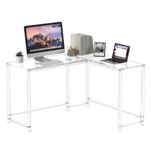 hmyhum acrylic desk l shaped, 50", clear corner computer desk for home office, writing, study, modern, easy assembly