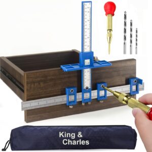 king&charles cabinet hardware jig, cabinet handle jig + automatic hole punch + point drill bits, cabinet jig for handles and pulls on drawers/cabinets, cabinet hardware template tool perfect set.