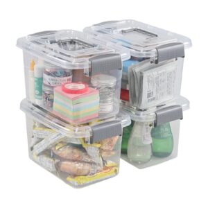 ggbin 4-pack 5 quart clear plastic storage bins, latching storage box with handle