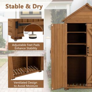 Outdoor Wooden Storage Cabinet, Garden Wood Tool Shed, Outside Wooden Shed Closet with 3 Detachable Shelves, Waterproof Roof, and Latch for Yard Patio Lawn Deck (Natural)