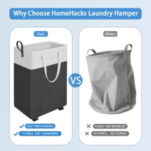 HomeHacks Laundry Basket with Wheels, Rolling Laundry Hamper, Collapsible & Waterproof Clothes Hamper, Narrow Corner Clothes Bins with Extended Handles for Clothes in the Family & Dorm (75L, Grey)