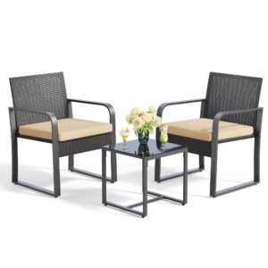 gizoon 3 pieces patio bistro sets, outdoor rattan conversation with glass table, wicker furniture set with cushion, for backyard, porch, poolside, lawn, beige