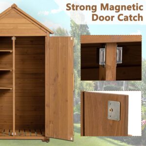 Outdoor Wooden Storage Cabinet, Garden Wood Tool Shed, Outside Wooden Shed Closet with 3 Detachable Shelves, Waterproof Roof, and Latch for Yard Patio Lawn Deck (Natural)