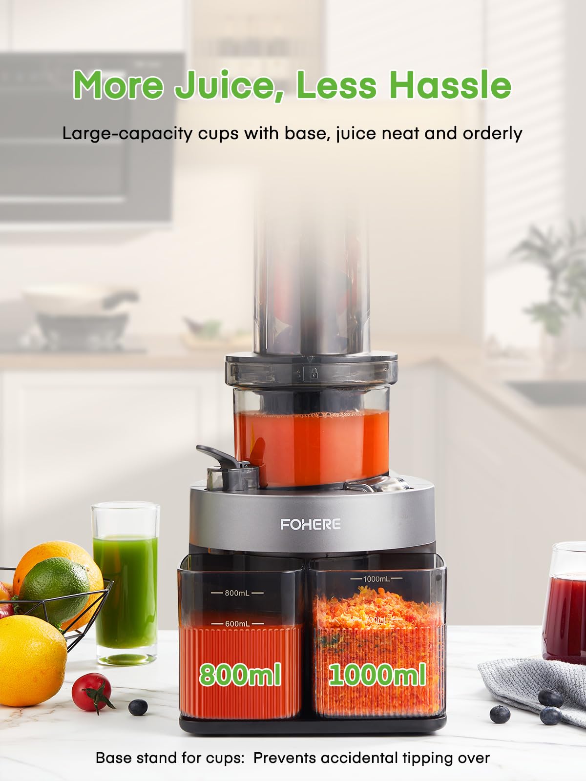 Juicer Machines Vegetable and Fruit, FOHERE Cold Press Juicer Extractor Fit Whole Fruits & Vegetables with 4.72" Wide Mouth Easy to Clean, Slow Masticating Juicer with Quiet Motor, Reverse Function