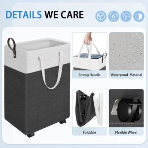 HomeHacks Laundry Basket with Wheels, Rolling Laundry Hamper, Collapsible & Waterproof Clothes Hamper, Narrow Corner Clothes Bins with Extended Handles for Clothes in the Family & Dorm (75L, Grey)