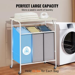 VEVOR 3-Section Laundry Sorter Cart with Ironing Board, Laundry Hamper with Heavy Duty Lockable Wheels and 3 Removable Bag, Rolling Laundry Basket Sorter for Clothes Storage