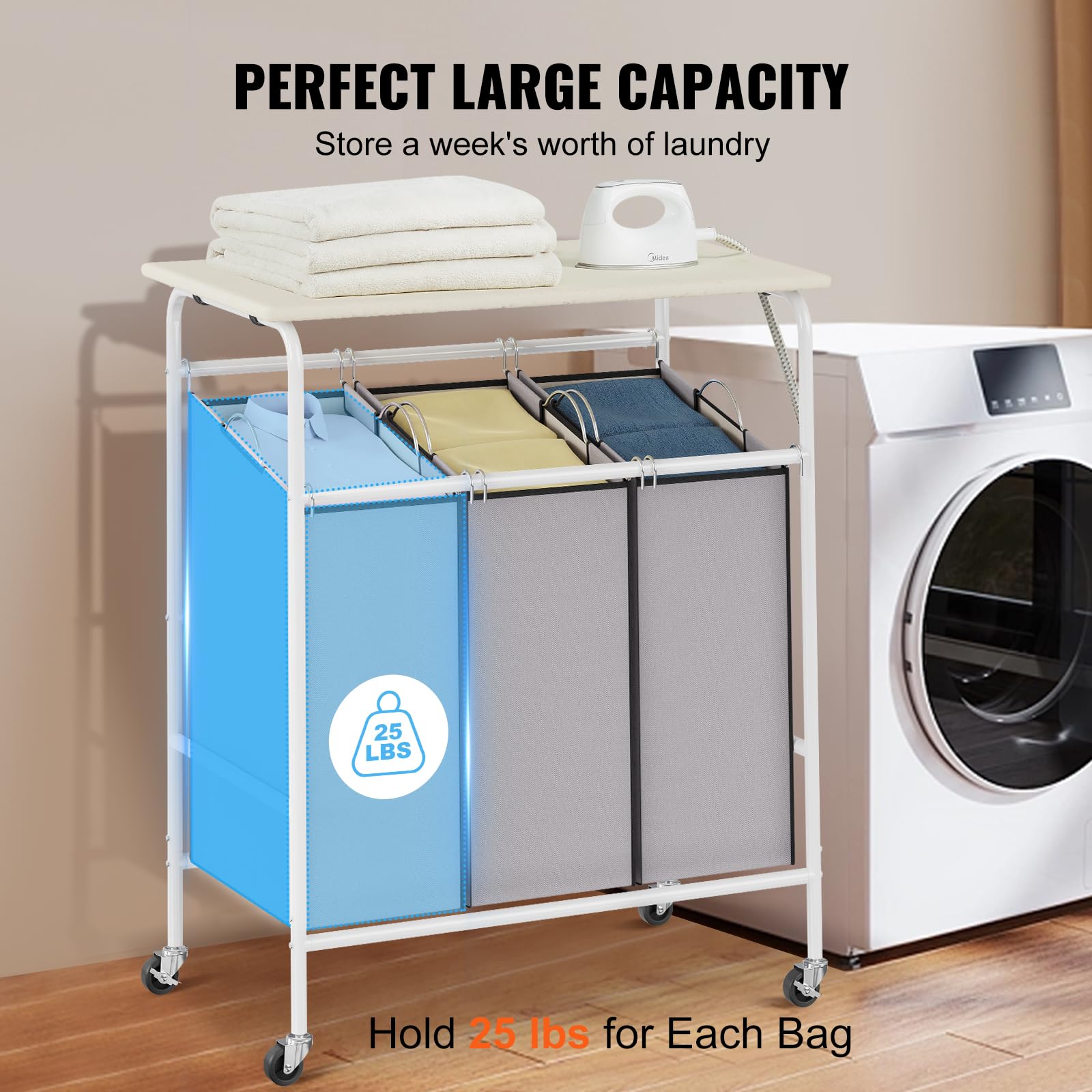 VEVOR 3-Section Laundry Sorter Cart with Ironing Board, Laundry Hamper with Heavy Duty Lockable Wheels and 3 Removable Bag, Rolling Laundry Basket Sorter for Clothes Storage