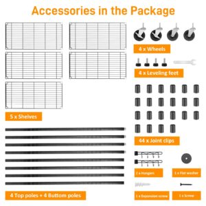 Storage Shelves 75"H Wire Shelving Unit with Wheels 1750LBS Heavy Duty Metal Shelves for Storage Adjustable 5-Tier Garage Storage Rack Kitchen Pantry Shelves Rolling Shelf on Casters, 14"D x36"W x75"H