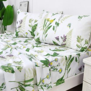 fadfay california king size sheets set premium 100% cotton green floral bed sheet botanical lavender leaf daisy white deep pocket fitted sheet soft shabby sheets pillowcases set 4pcs, cal king