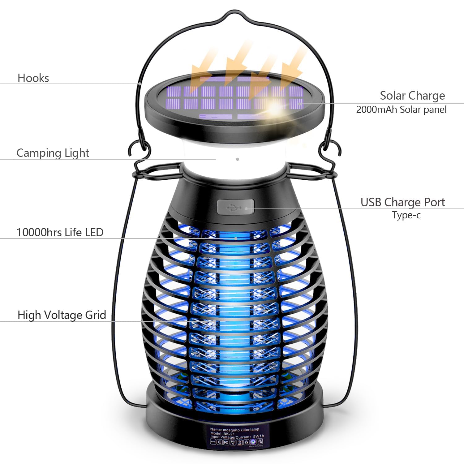 BANPESTT Solar Bug Zapper Outdoor Indoor Waterproof, 3-in-1 Cordless Mosquito Zapper, Rechargeable Flying Insect Trap for Fruit Fly, Gnat, Wasp，Moth, Mosquito Trap & Killer for Camping, Home, Patio