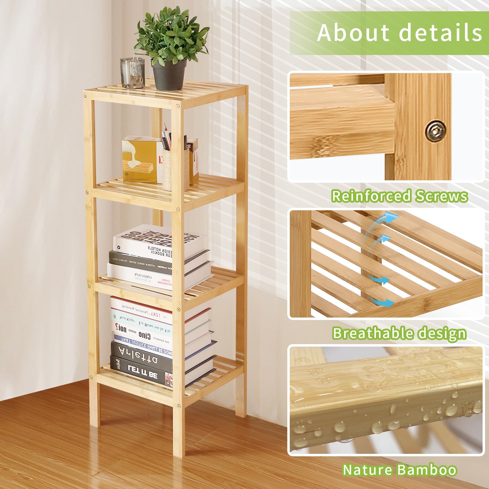 OUTREE 4-Tier Bamboo Shelf, Bamboo Bookshelf, Freestanding Storage Stand, Bathroom Storage Organizer for Living Room, Bedroom, Office, Bathroom, Study Room, Easy Assembly