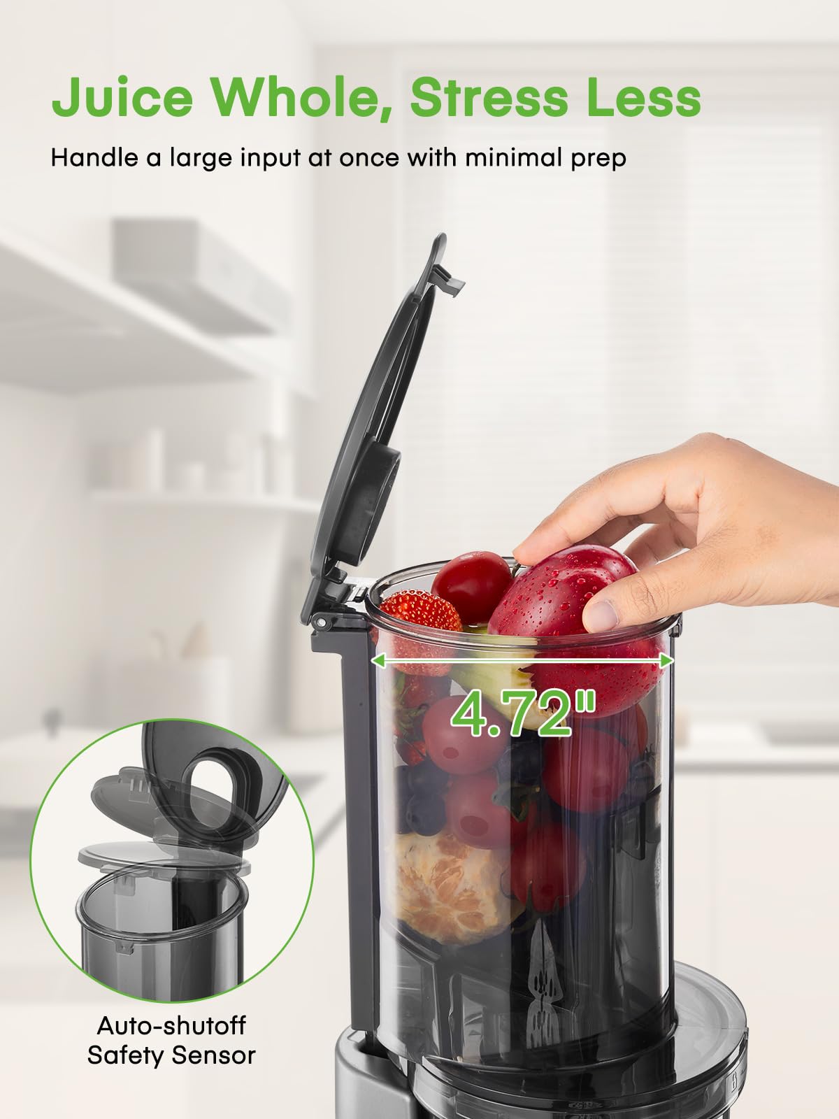 Juicer Machines Vegetable and Fruit, FOHERE Cold Press Juicer Extractor Fit Whole Fruits & Vegetables with 4.72" Wide Mouth Easy to Clean, Slow Masticating Juicer with Quiet Motor, Reverse Function