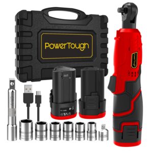 powertough cordless electric ratchet wrench set, 40ft-lbs,280rpm, 54nm, 3/8" 12v power ratchet wrench with 2x li-on batteries and fast charger -red