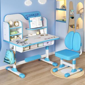 benbor kids desk chair set,height adjustable children school study desk chair set,multifunctional writing desk table with drawer,bookstand,ergonomic learning drawing table for girl boy (blue c)