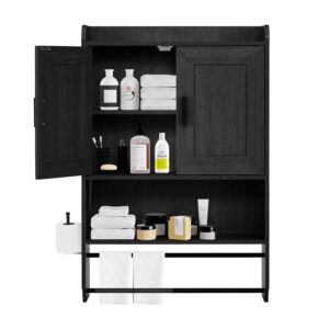 bathroom wall cabinet, wooden medicine cabinet over the toilet with adjustable inner shelf, wall mounted cabinet with doors for bathroom storage, hanging cabinet for wall with towels bar (black)