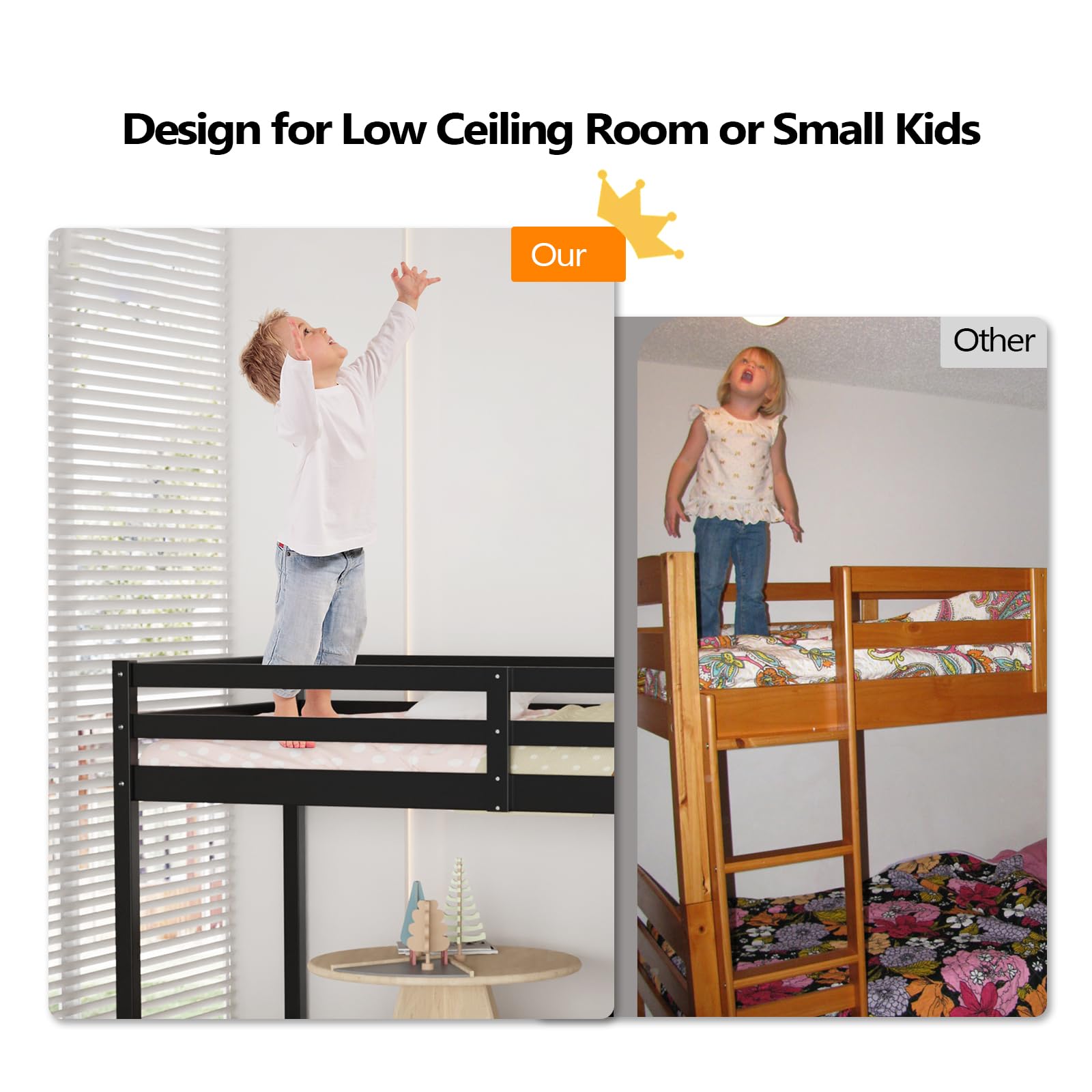 Bonnlo Low Loft Bed Twin Size with Inclined Stairs, Junior Loft Bed with High Guard Rail for Kids/Young Teens/Adults, Solid Wood Low Bunk Bed Twin Size Black, No Box Spring Required