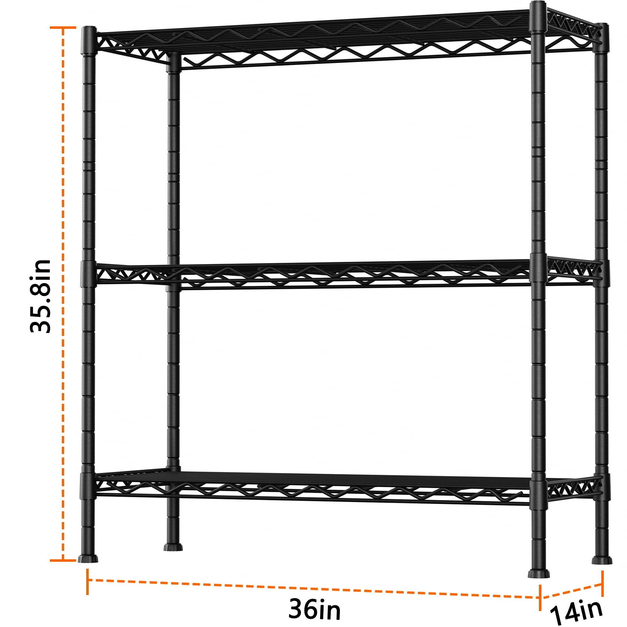 3-Shelf Adjustable Heavy Duty Storage Shelves,36"Wx14"Dx35.8"H Metal Organizer Wire Rack for Laundry Bathroom Kitchen Pantry Closet Garage Shelving Black