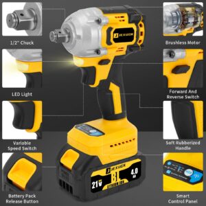 JEXUGK 21V Compact Cordless Impact Wrench Set, 1/2" 450Ft-lbs (600Nm) Power Impact Gun Kit, Brushless 3600RPM, 2 x 4.0Ah Batteries & Fast Charger & 5 Sockets, Pistola De Impacto for Car Home