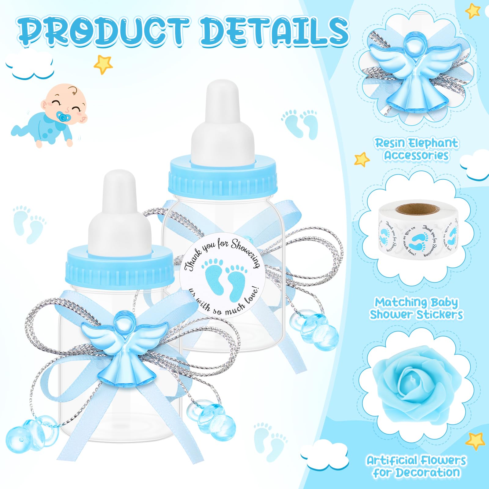 Vesici 61 Pcs Boy Baby Shower Party Favors Set, 48 Plastic Mini Angel Baby Bottles with 1 Roll Thanks Sticker 12 Artificial Roses for Newborn Baptism Baby Shower Party Decorations Gift for Guests