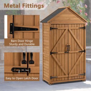 Outdoor Wooden Storage Cabinet, Garden Wood Tool Shed, Outside Wooden Shed Closet with 3 Detachable Shelves, Waterproof Roof, and Latch for Yard Patio Lawn Deck (Natural)