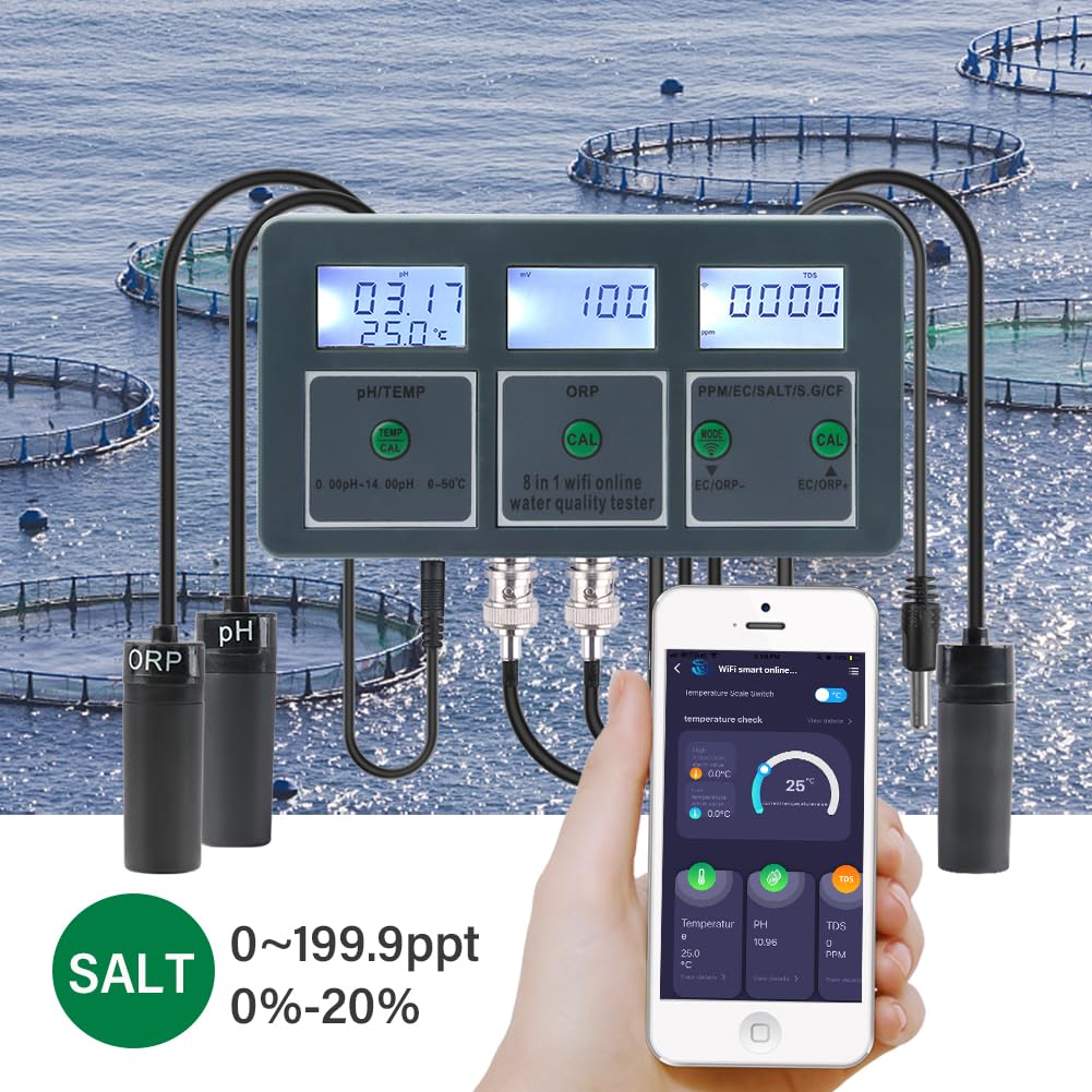 Yewhick WiFi Tuya Smart PH Meter Data Logger Temp TDS Salinity S.G. EC ORP Water Tester Monitor Analyzer for Aquariums Pool Hydroponics