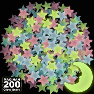 maqihan 200 glow in the dark stars for ceiling - glowing stars and moon stickers estrellas que brillan en la oscuridad para el techo de cuarto plastic space galaxy decals bedroom wall decorations