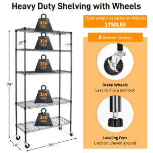 Storage Shelves 75"H Wire Shelving Unit with Wheels 1750LBS Heavy Duty Metal Shelves for Storage Adjustable 5-Tier Garage Storage Rack Kitchen Pantry Shelves Rolling Shelf on Casters, 14"D x36"W x75"H