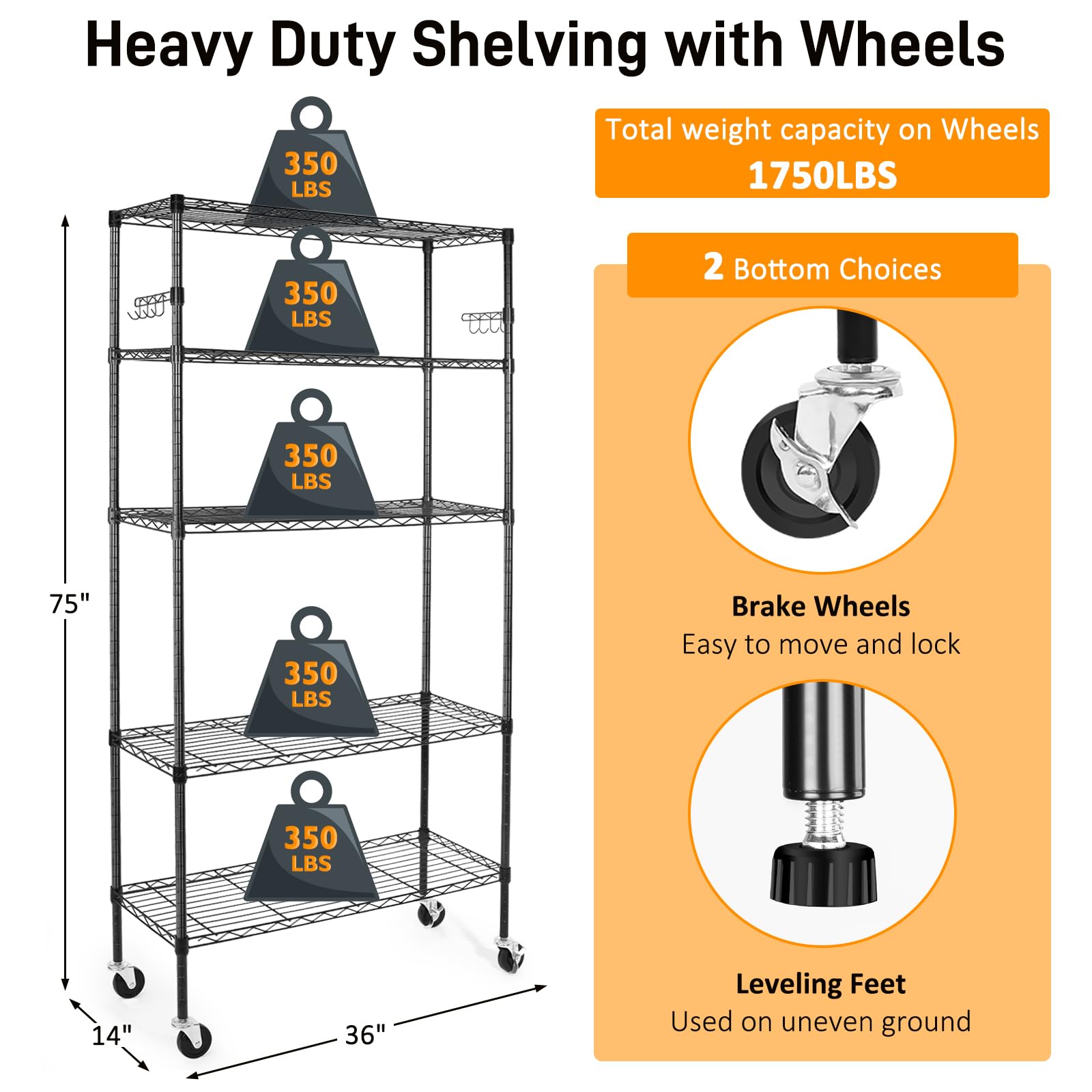 Storage Shelves 75"H Wire Shelving Unit with Wheels 1750LBS Heavy Duty Metal Shelves for Storage Adjustable 5-Tier Garage Storage Rack Kitchen Pantry Shelves Rolling Shelf on Casters, 14"D x36"W x75"H