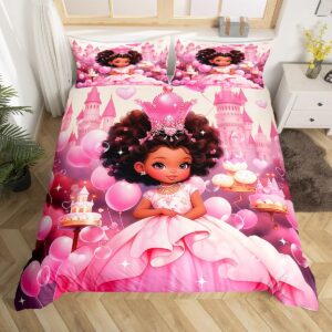 manfei american style girl duvet cover set,fairy tale black princess crown glitter comforter cover(no filler) for kids teens,dreamy pink castle birthday cake quilt cover with 2 pillows,full size