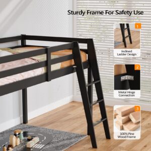 Bonnlo Low Loft Bed Twin Size with Inclined Stairs, Junior Loft Bed with High Guard Rail for Kids/Young Teens/Adults, Solid Wood Low Bunk Bed Twin Size Black, No Box Spring Required