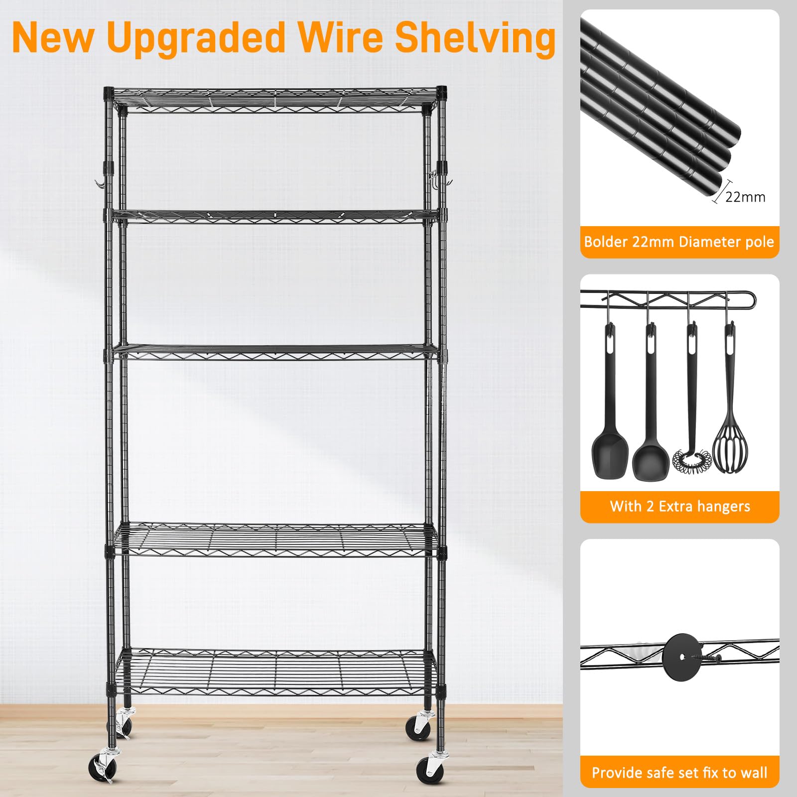 Storage Shelves 75"H Wire Shelving Unit with Wheels 1750LBS Heavy Duty Metal Shelves for Storage Adjustable 5-Tier Garage Storage Rack Kitchen Pantry Shelves Rolling Shelf on Casters, 14"D x36"W x75"H